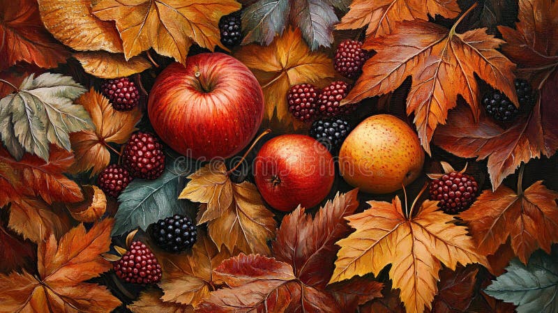 Autumn Still Life with Apples, Blackberries, and Fall Leaves Stock ...
