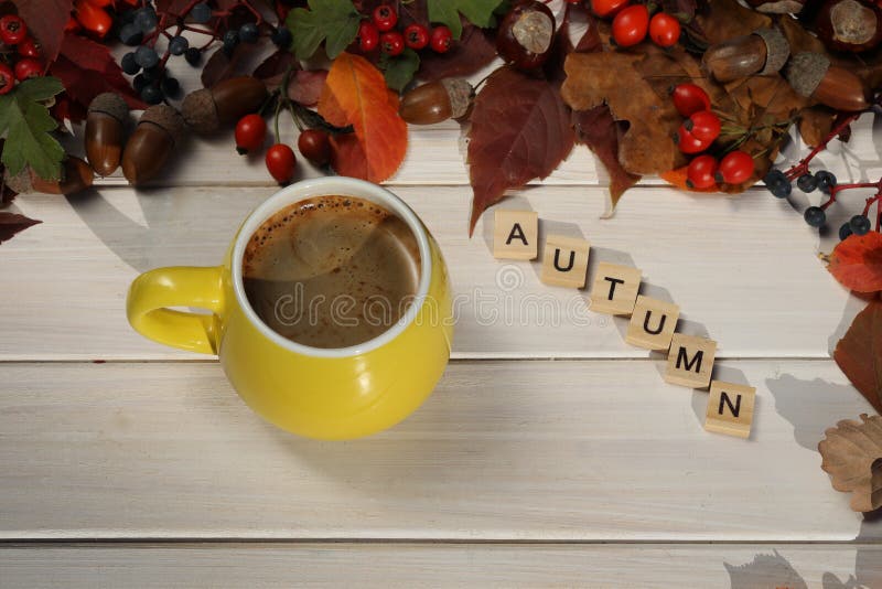 Autumn Still Life with Cup of Coffee and Text Stock Photo - Image of ...