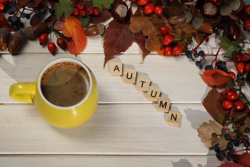Autumn Still Life with Cup of Coffee and Text Stock Photo - Image of ...