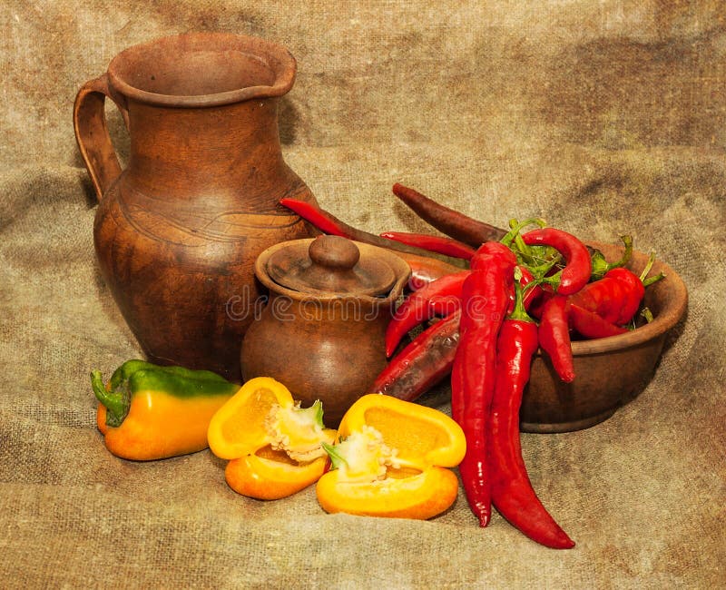 Autumn Still Life with Peppers and Pottery Stock Image - Image of chili ...