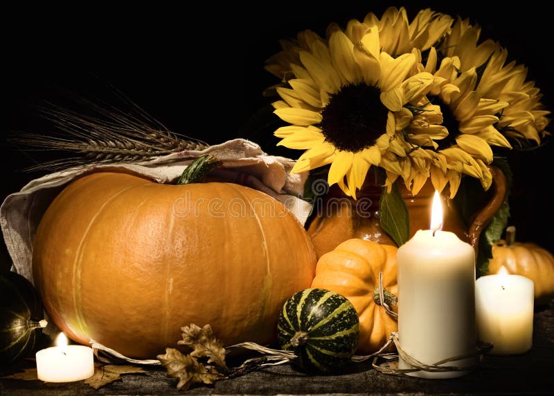 Autumn Still Life with Pumpkins and Flowers Stock Image - Image of ...