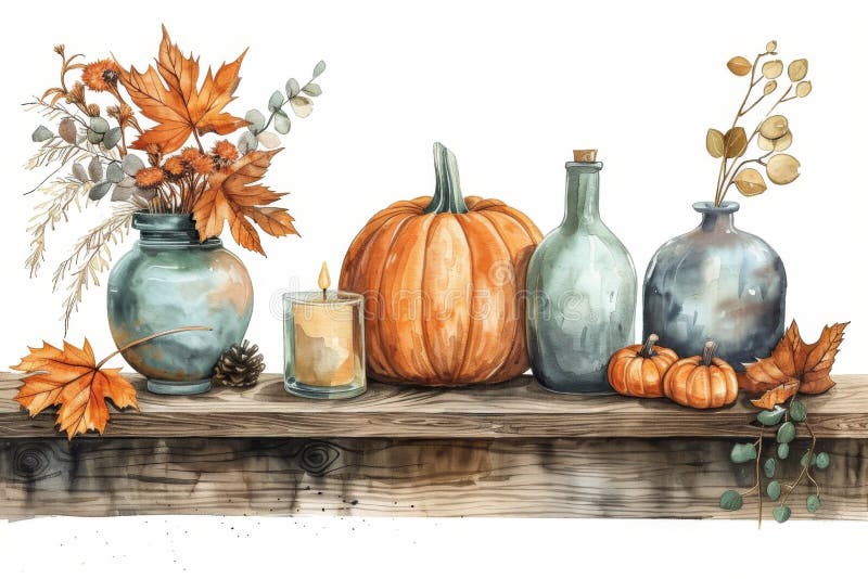 Autumn Still Life with Pumpkins, Leaves, and Rustic Decor Elements ...