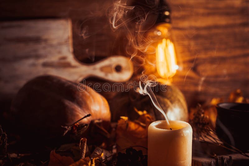 Autumn Still Life, Pumpkins, Light Bulb and Dry Leaves on Rustic ...