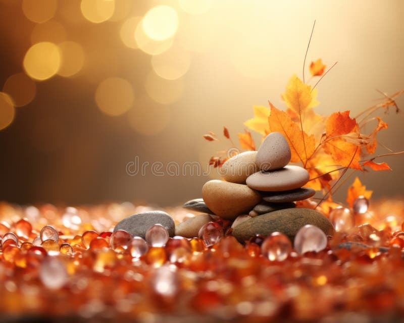 Autumn Stones and Leaves on the Ground with Bokeh Light Stock ...