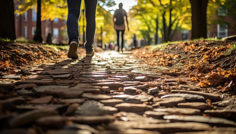 Autumn Stroll on a Cobblestone Path Stock Illustration - Illustration ...