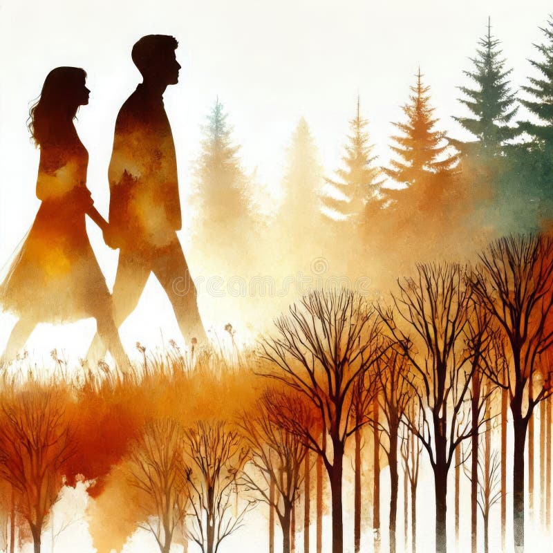 Autumn Stroll Hand in Hand stock illustration. Illustration of glow ...