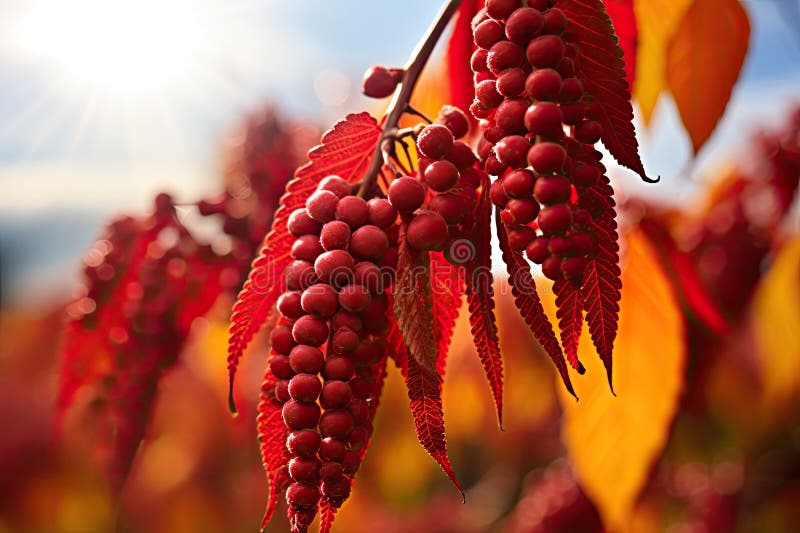 Twigs of Autumn Sumac Fruit and Leaves Against a Blurred Background ...