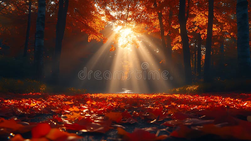 Autumn Sun Rays through Forest Path, Leaves Stock Illustration ...