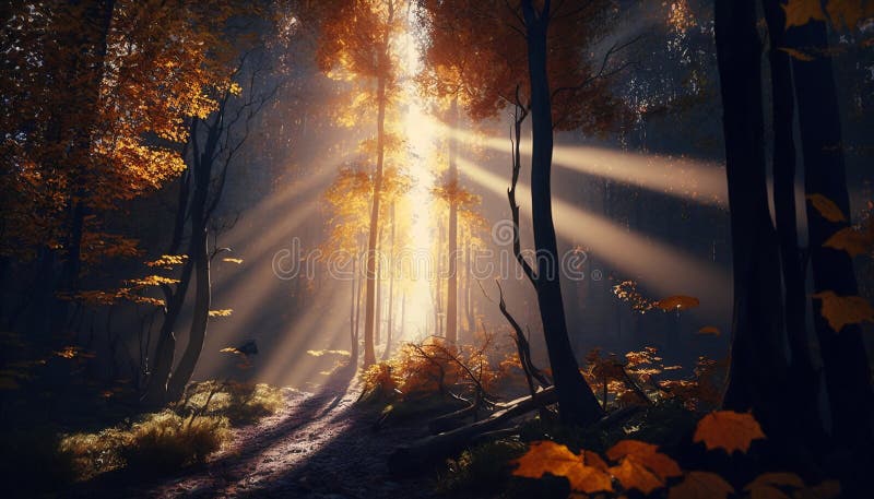 Autumn Sunbeam in the Forest during Morning Time. Stock Illustration ...