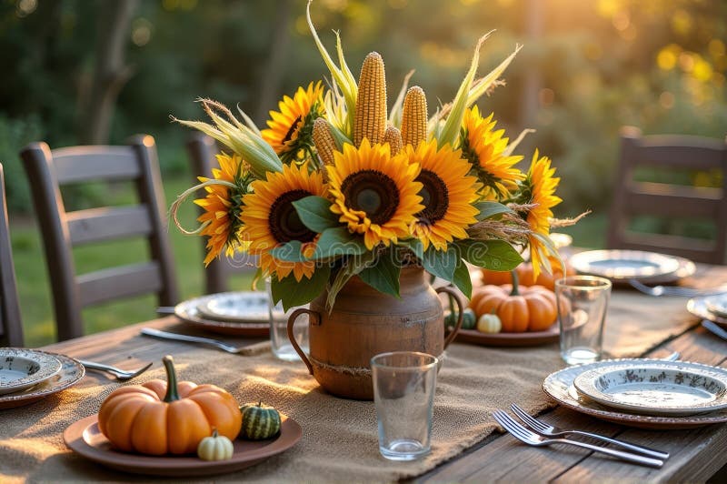 Autumn Sunflower Centerpiece on Rustic Outdoor Dinner Table Setting ...