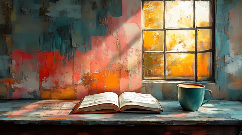 Autumn Sunlight Illuminates Open Book & Coffee Near Window Stock ...