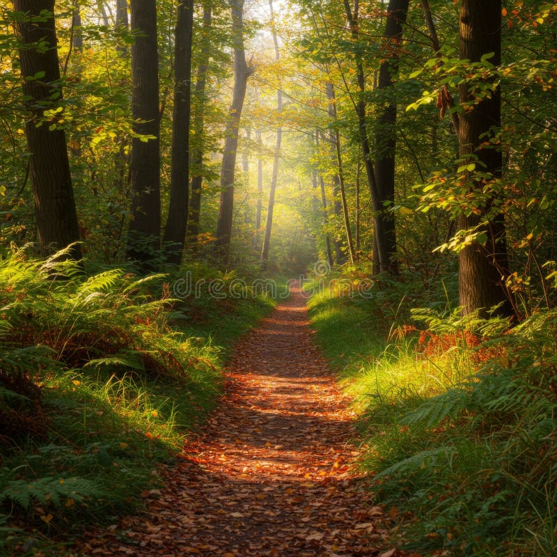 Autumn Sunlight Path through Forest Stock Photo - Image of serene ...
