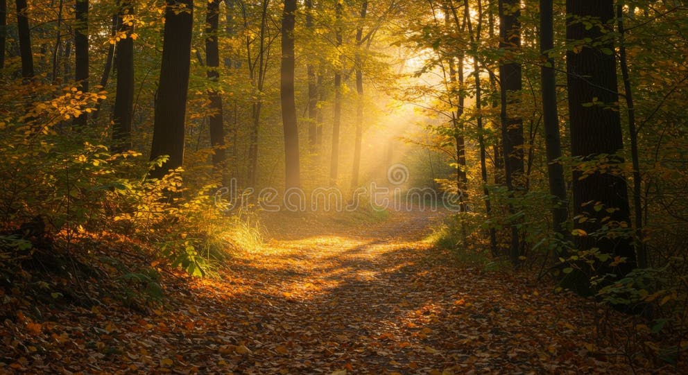 Autumn Sunlight Path through Golden Forest Stock Illustration ...