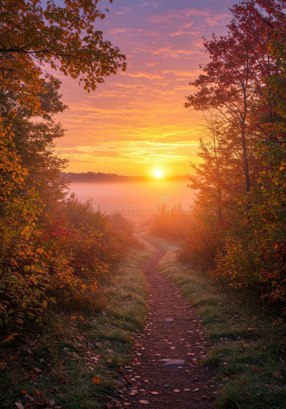 Autumn Sunrise Path through Misty Forest Stock Illustration ...