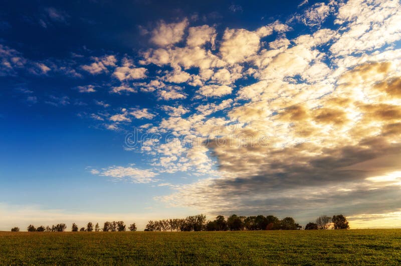 Autumn Sunset Clouds Field Trees Sky Stock Image - Image of trees ...