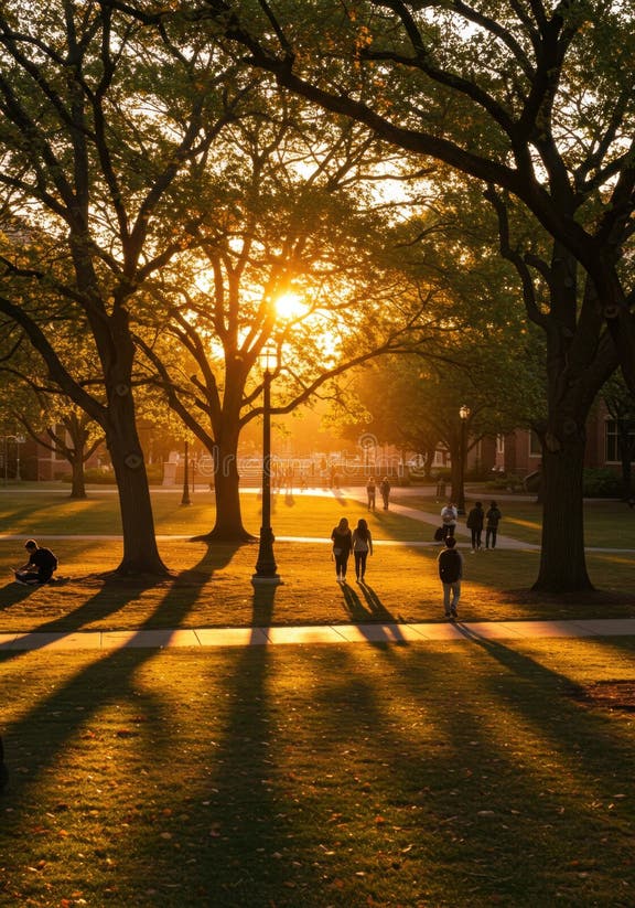 Autumn Sunset on College Campus Path Stock Illustration - Illustration ...