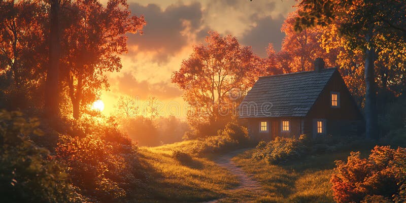 Autumn Sunset Cottage Peaceful Nature Scene Stock Illustration ...