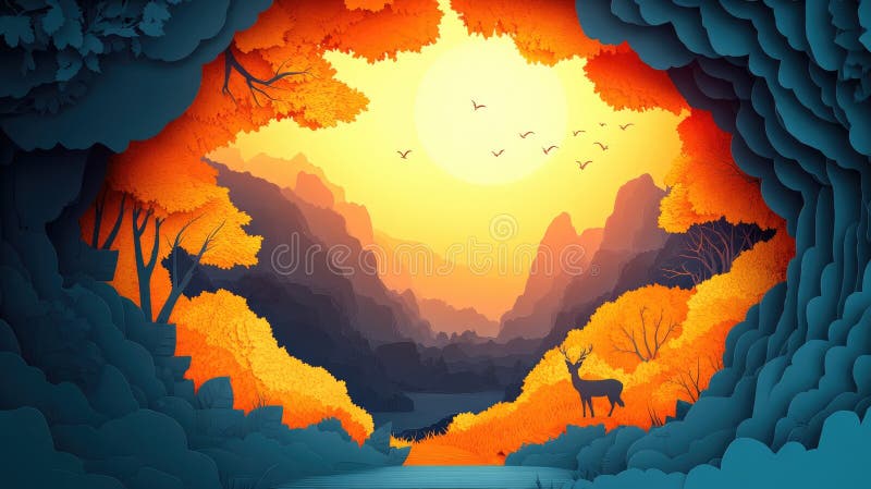 Autumn Sunset Landscape Deer Mountains Vibrant Colors Stock Photos ...