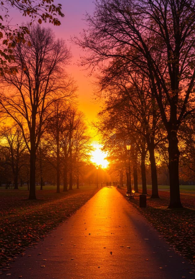 Autumn Sunset Path through Park Trees Stock Illustration - Illustration ...