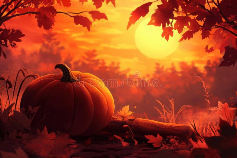 Autumn Sunset with a Pumpkin on a Log Stock Illustration - Illustration ...