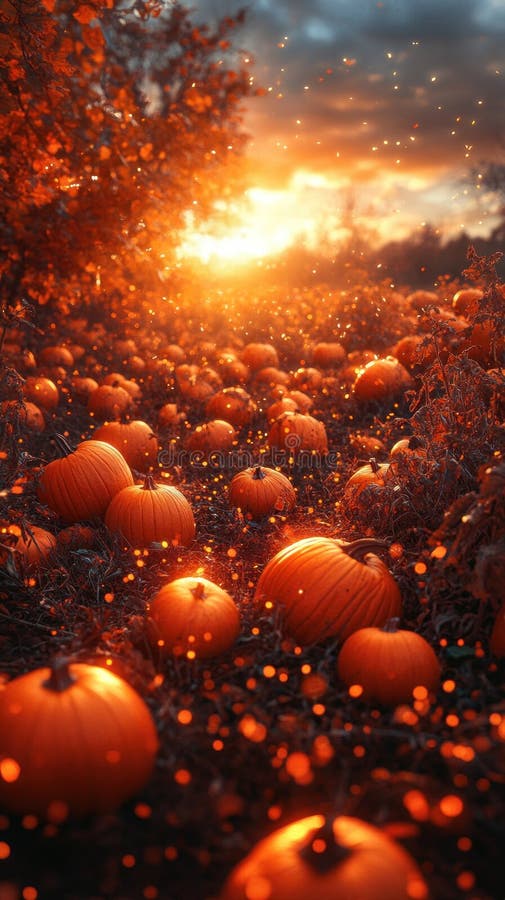 Autumn Sunset Pumpkin Patch - Realistic Image Stock Illustration ...