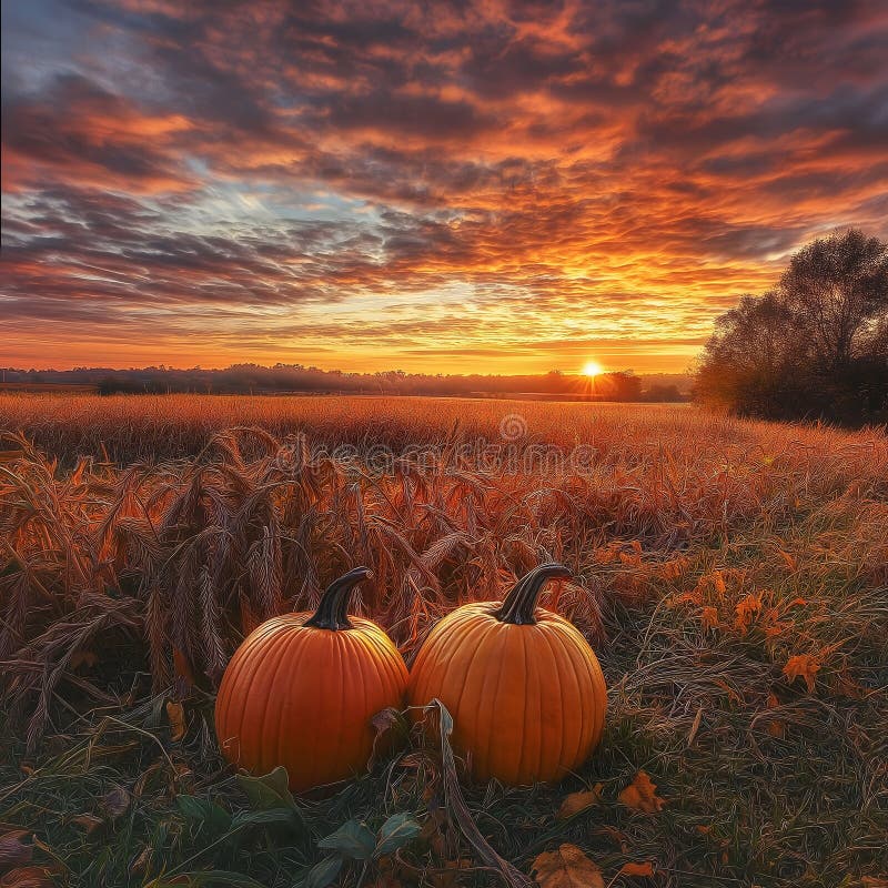 Autumn Sunset with Pumpkins Stock Illustration - Illustration of green ...