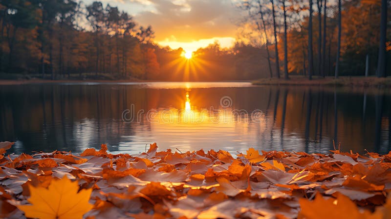 Autumn Sunset Reflecting on Calm Forest Lake Stock Illustration ...