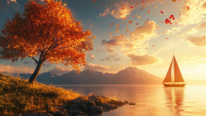 Autumn Sunset with Sailboat and Vibrant Tree Stock Image - Image of ...
