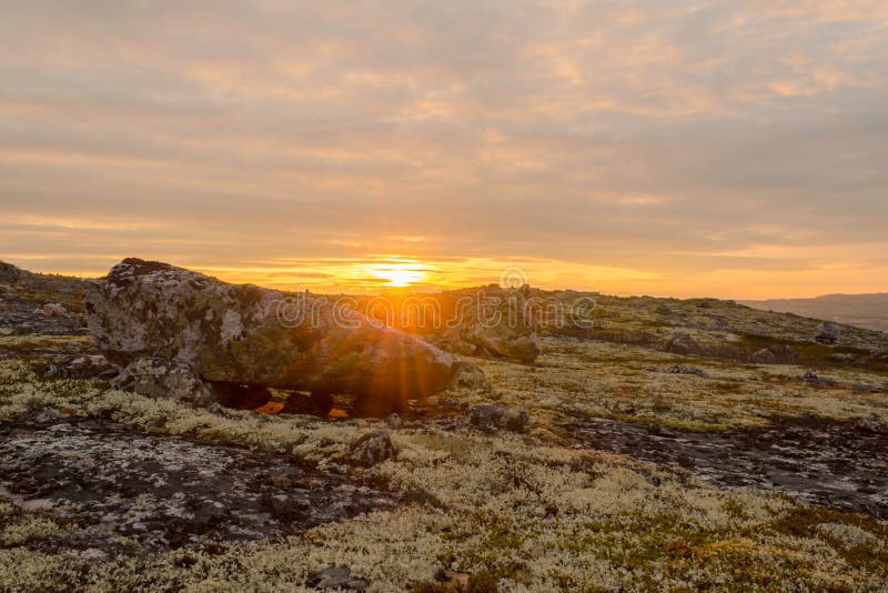Autumn Sunset in the Tundra.the Rays of the Sun Illuminate a Large ...