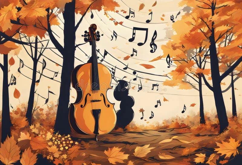 Autumn Symphony, a Cello Amidst Falling Leaves Stock Illustration ...