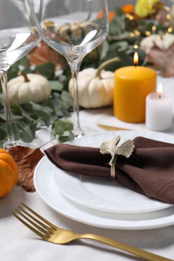 Autumn Table Setting with Eucalyptus Branches and Pumpkins Indoors ...