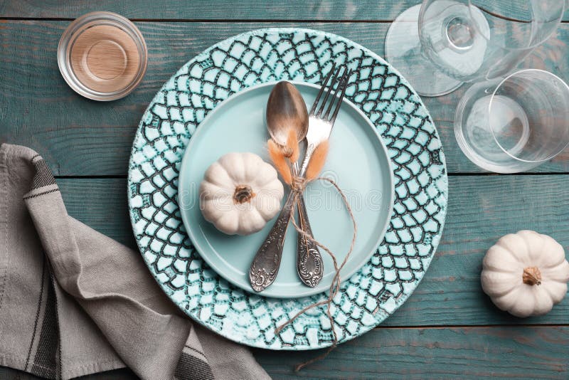 Autumn Table Setting with Eucalyptus Branches and Pumpkins, Flat Lay ...