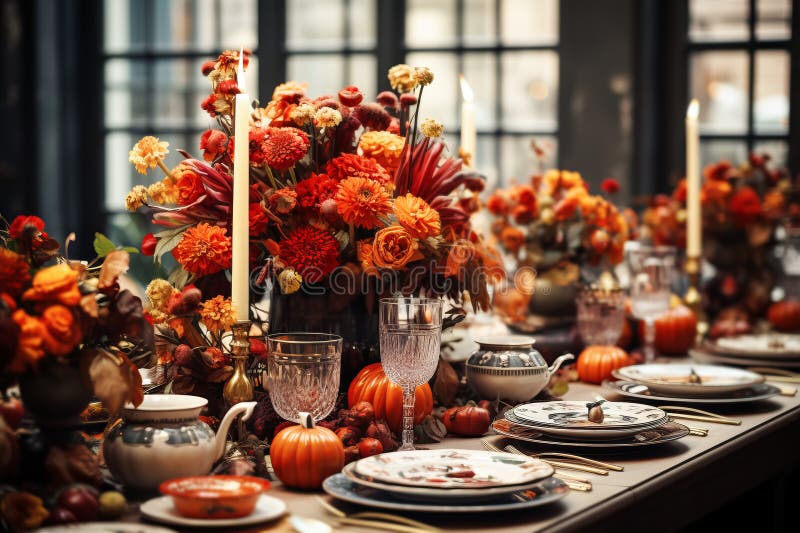 Autumn Table Setting with Pumpkins and Flowers for Celebration ...