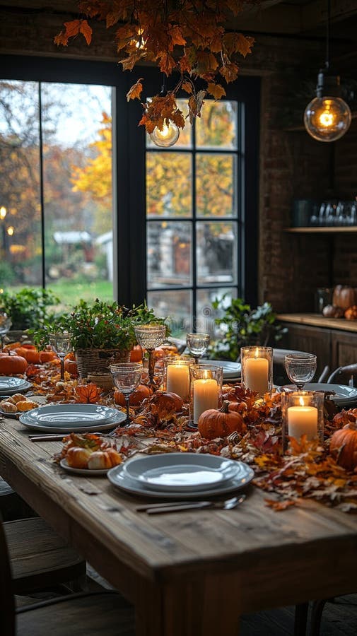 Autumn Table Setting with Pumpkins and Leaves, Rustic Dining Room ...