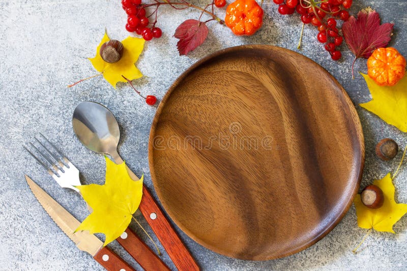 Thanksgiving or Autumn Harvest Table Setting with Silverware and Frame ...