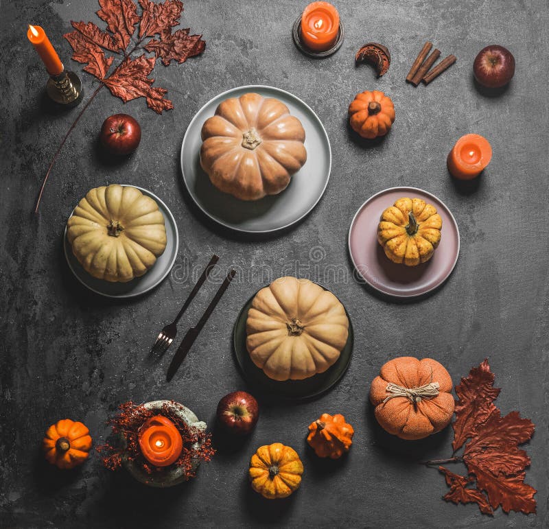 Autumn Table Setting with Various Pumpkins, Plates, Cutlery and Fall ...