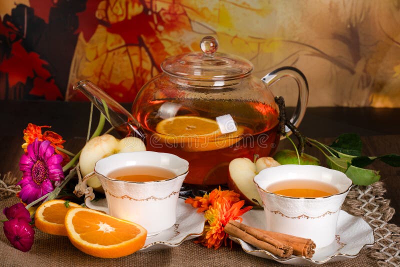 Autumn Tea with Lemon, Orange and Cinnamon Stock Image - Image of cozy ...