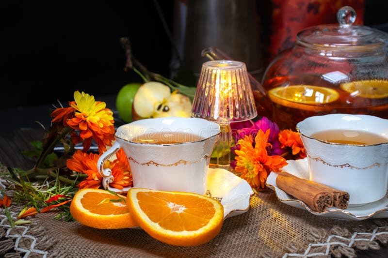 Autumn Tea with Lemon, Orange and Cinnamon Stock Photo - Image of plant ...