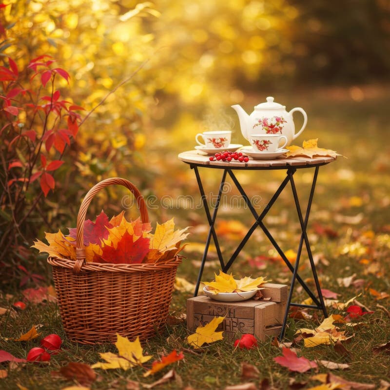 Autumn Tea Party in a Garden Stock Illustration - Illustration of ...