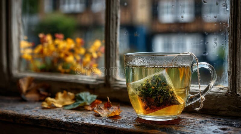 Autumn Tea by Rainy Window stock illustration. Illustration of home ...