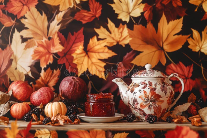 Autumn Tea Set stock photo. Image of black, leafy, pattern - 364223794