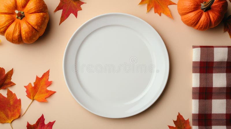 Autumn Thanksgiving Dinner Table Setting Empty Plate Pumpkins Leaves ...