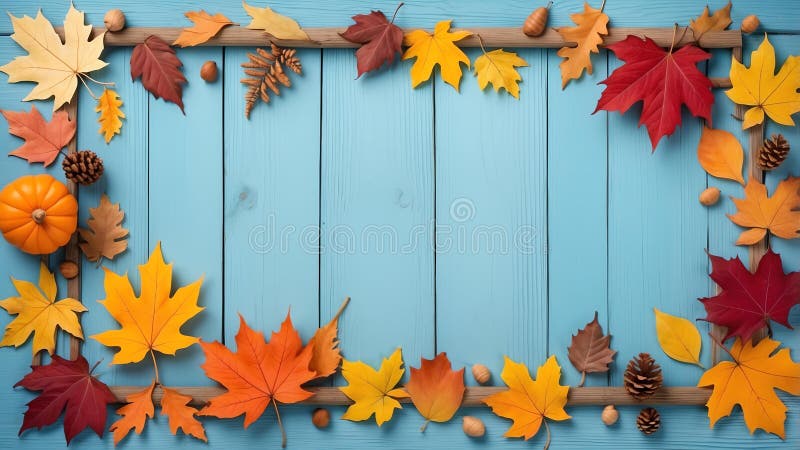 Autumn Themed Border Frame on Rustic Pastel Blue Ai Generated Stock ...