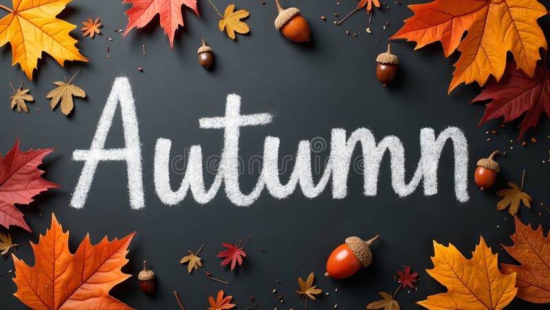 Autumn Themed Chalkboard with Cozy Script Leaves and Acorns Stock ...