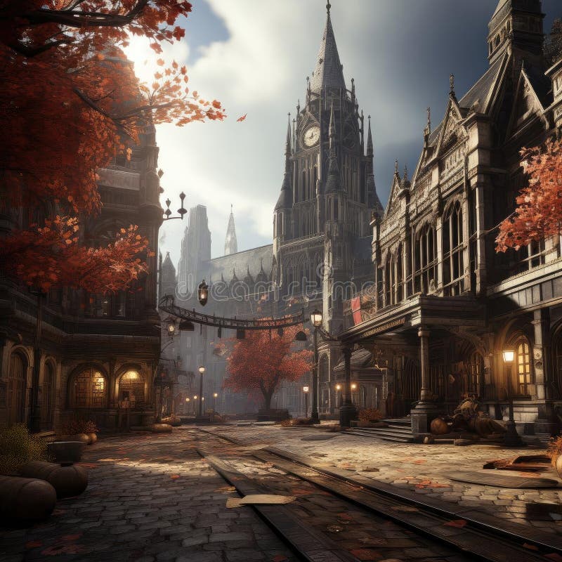 Autumn-themed City with Gothic Architecture and Realistic Lighting ...