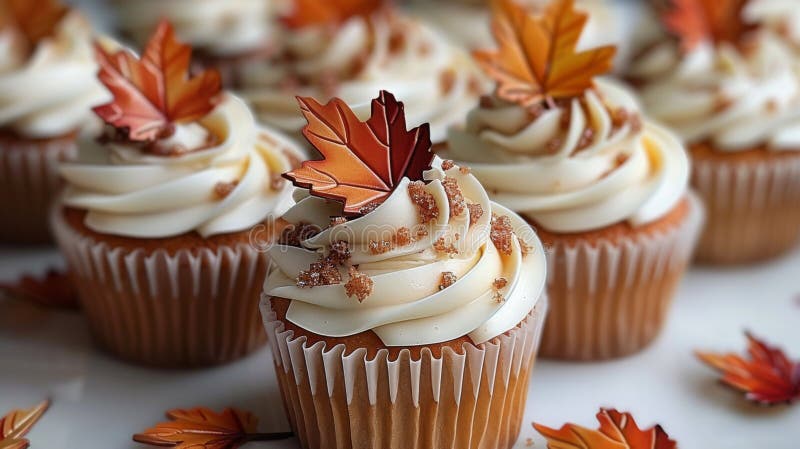 Autumn-Themed Cupcakes with Maple Leaf Decorations and Creamy Frosting ...