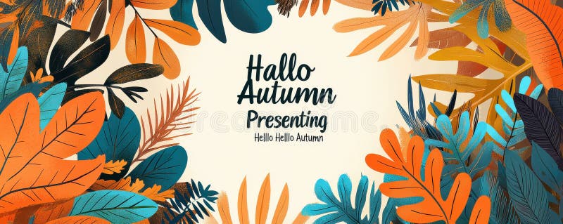 Autumn Themed Illustration with Orange and Turquoise Leaves and the ...
