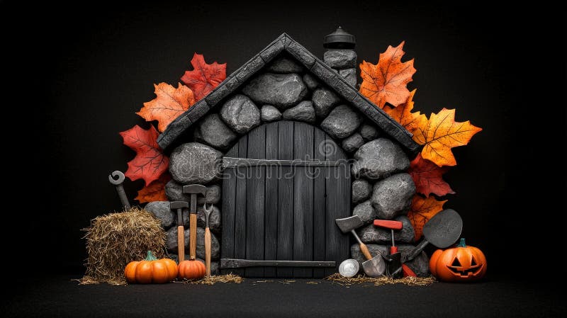 Autumnthemed Rustic Stone House with Pumpkins and Leaves Dark ...