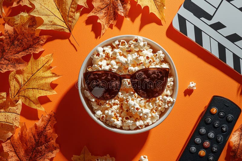 Autumn-themed Setup with Popcorn, Sunglasses, and Remote Controller on ...