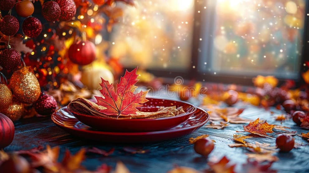 Autumn-themed Table Setting with Maple Leaf Generative AI Stock ...